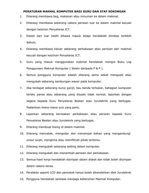 Peraturan asas penggunaan makmal ict sekolah | PDF