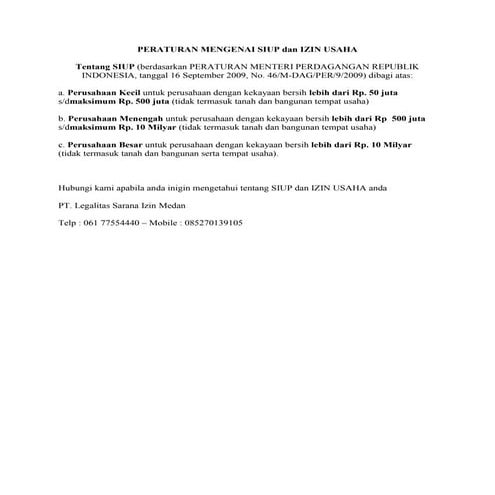 Peraturan mengenai siup dan izin usaha, Urus SIUP -Medan | DOCX