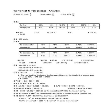 Percentages worksheet answers | DOCX
