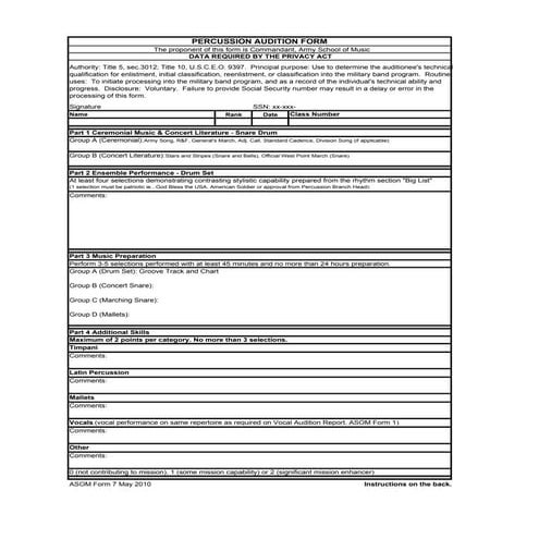 Army Bands Percussion audition form | PDF