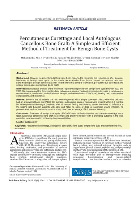 Treatment of Aneurysmal Bone Cysts by Minimally Invasive Curettage and ...