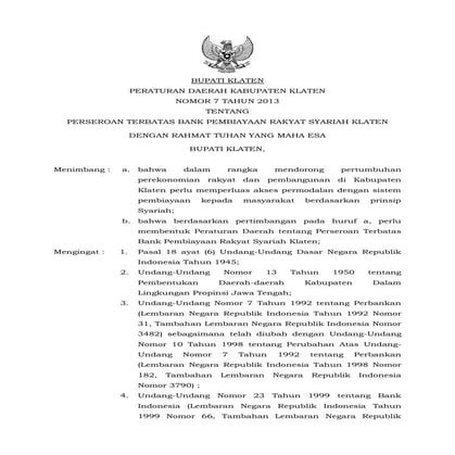 2013 Perda bank syariah bersinar klaten fasilitasi print | PDF