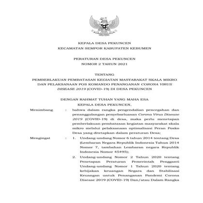 Perdes 2 Tahun 2021 tentang PPKM Miro dan Pelaksanaan Posko Penangan COVID-19 Di Desa Pekuncen | PDF