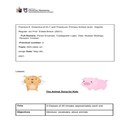 Practical N° 2 - Lesson plan: The animal song for kids | DOC