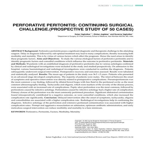 PERFORATIVE PERITONITIS: CONTINUING SURGICAL CHALLENGE.(PROSPECTIVE STUDY OF 50 CASES) | PDF