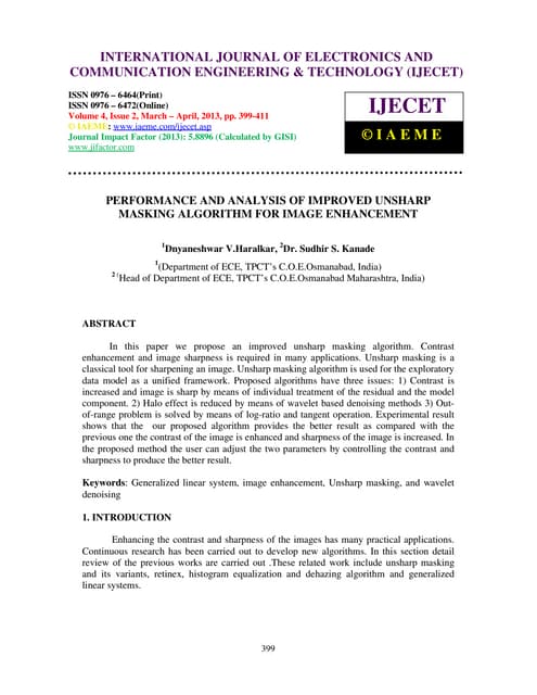 Performance And Analysis Of Improved Unsharp Masking Algorithm For