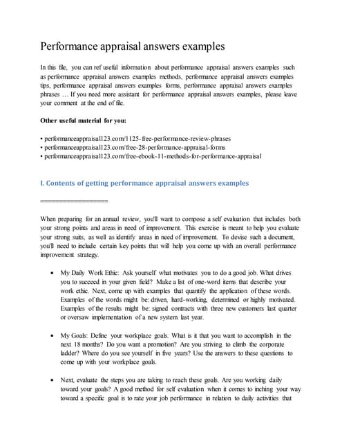Performance appraisal objectives examples | DOCX