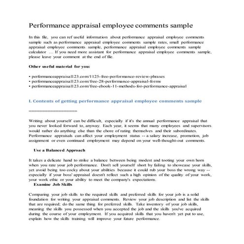 Performance appraisal employee comments sample | DOCX