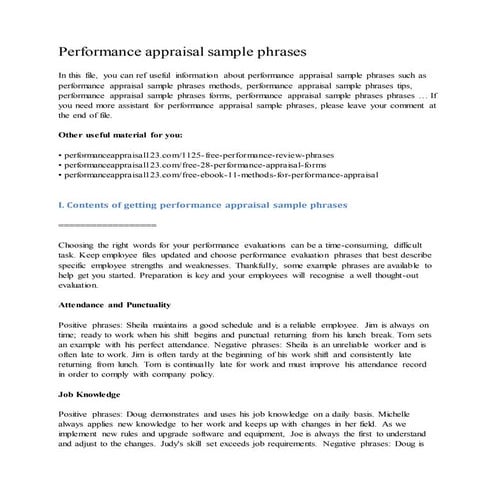Performance appraisal sample phrases | DOCX | Resume Writing and Advice ...