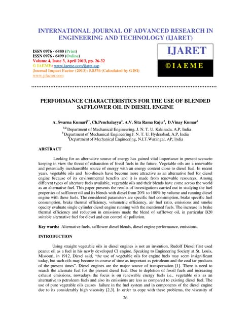 Experimental Comparison Of Performance Evaluation And Emission Characteristics Of A Single