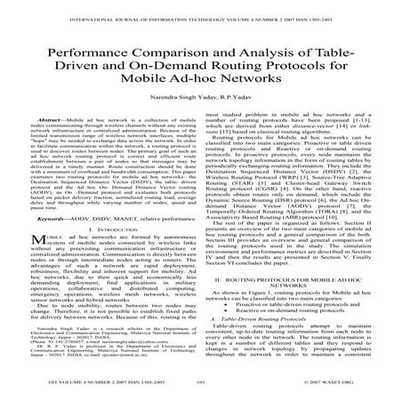 Performance Comparison and Analysis of Table-Driven and On-Demand Routing Protocols for Mobile ...