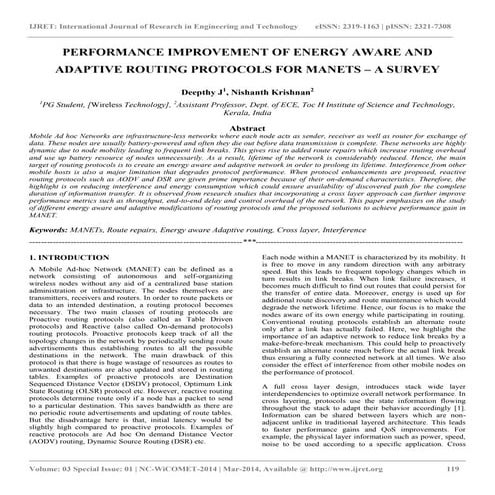 Performance Improvement Of Energy Aware And Adaptive Routing Protocols For Manets A Survey Pdf 