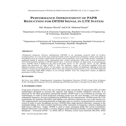 Performance Improvement Of Papr Reduction For Ofdm Signal In Lte System