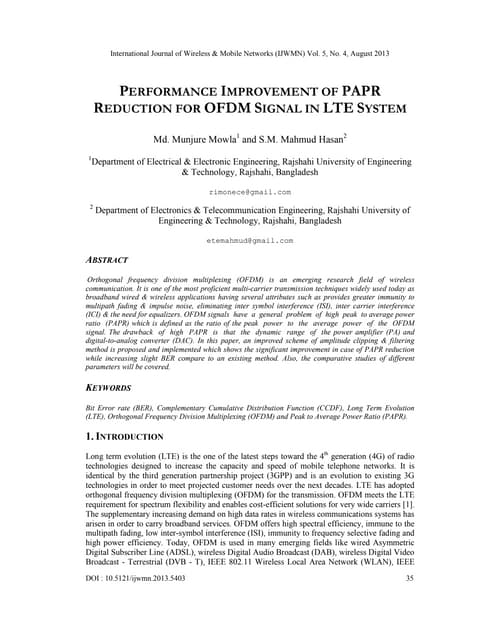 Performance Improvement Of Papr Reduction For Ofdm Signal In Lte System