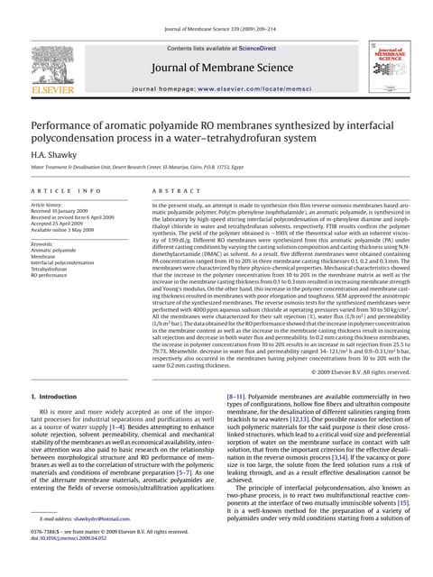 Performance Of Aromatic Polyamide Ro Membranes Synthesized By