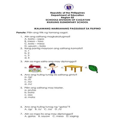 periodical test in filipino for grade two | DOCX