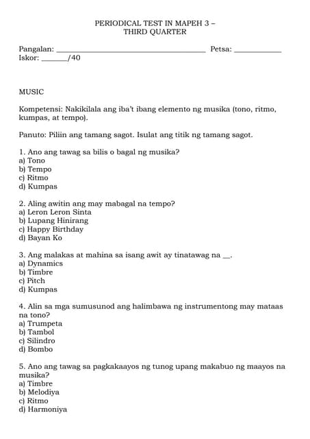 First Quarter Exam in MAPEH 4 | DOCX