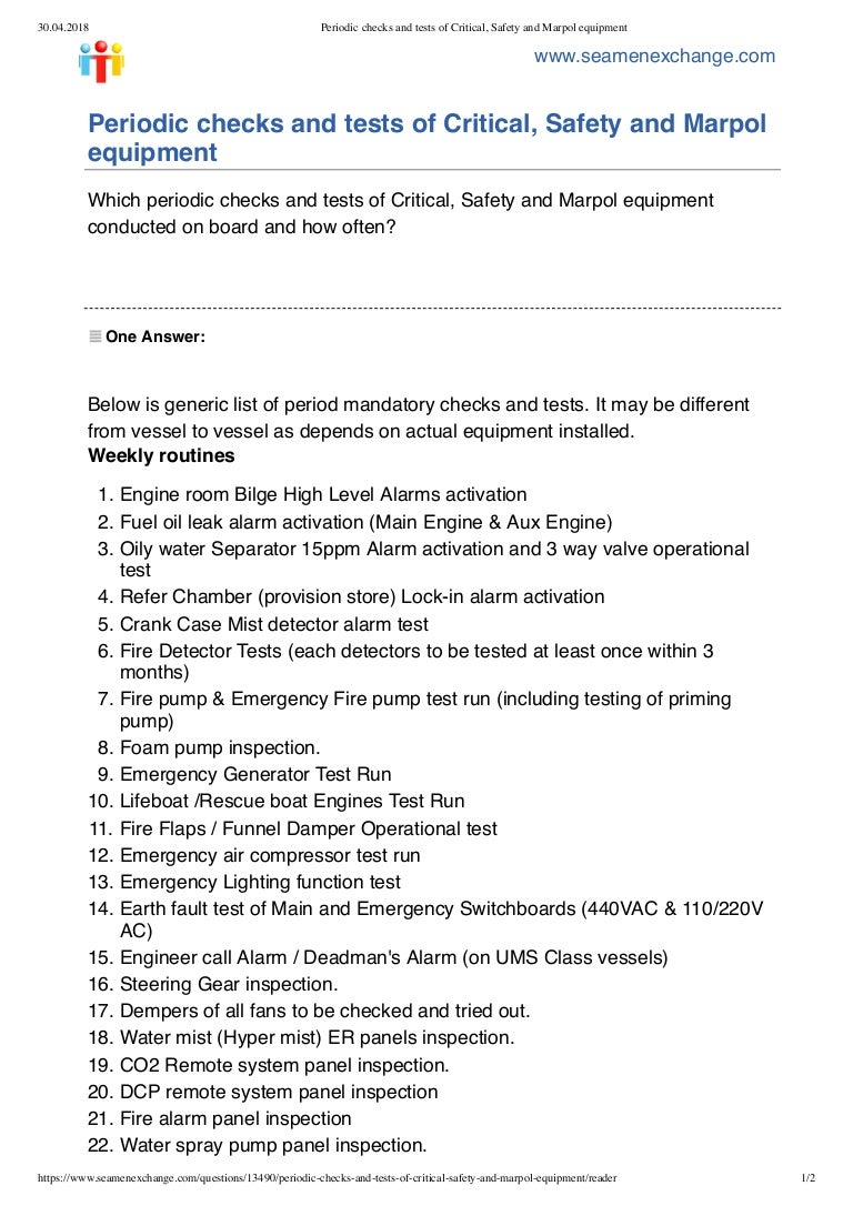 Periodic checks and tests of critical, safety and marpol equipment