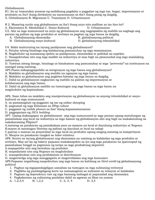 ARALING PANLIPUNAN 9 (EKONOMIKS) PRE-POST TEST (with Answer Key) | DOCX