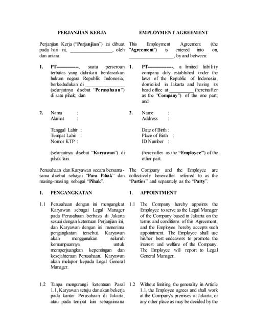 Contoh Perjanjian Kerja Kontrak Bilingual (2 Bahasa) | PDF