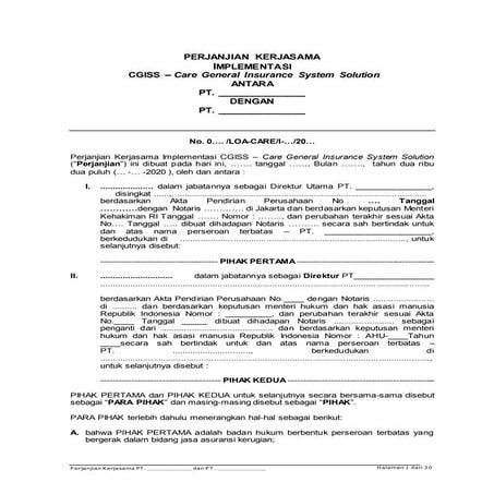 Contoh Perjanjian Kerjasama Implementasi Care General Insurance System ...