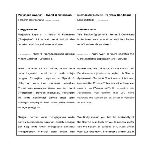 Contoh Perjanjian Layanan Bilingual (Beli Perjanjian, Hub: 08118887270 ...