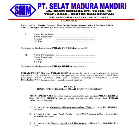 PERJANJIAN SEWA ( RENTAL ) ALAT BERAT ( KONTRAK ).docx