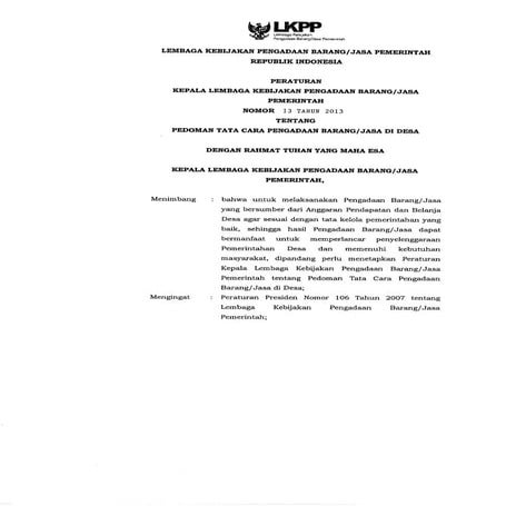 Perka lkpp No.13 Tahun 2013 PBJ di Desa | PDF
