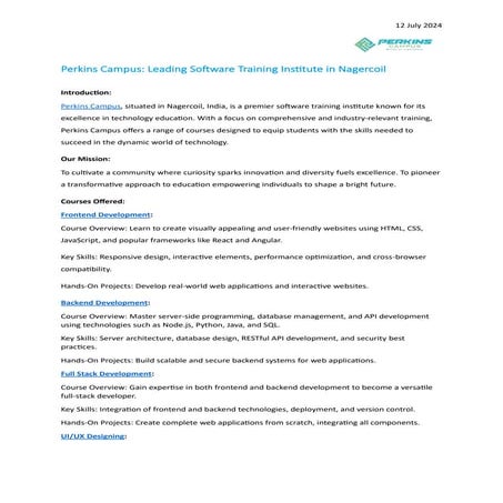 Perkins Campus - Leading Software Training Institute in Nagercoil | PDF