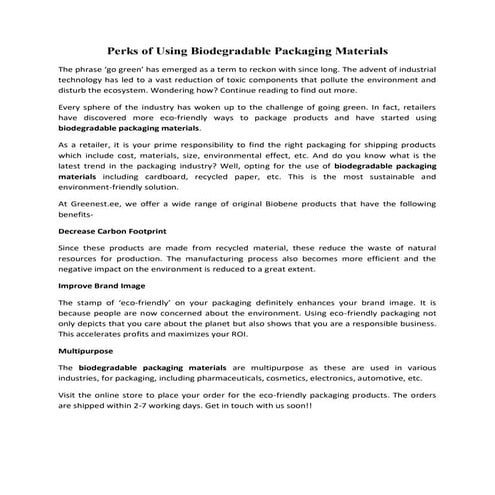 Perks Of Using Biodegradable Packaging Materials | PDF