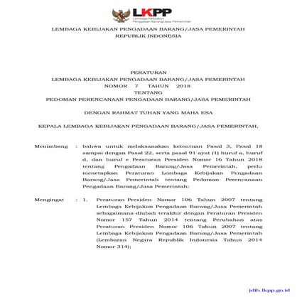 Perlem LKPP Nomor 7 Tahun 2018 tentang Pedoman Perencanaan PBJ Pemerintah.pdf