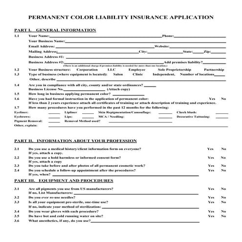 Permanent Color Liability Insurance Application | PDF