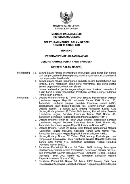 Permen PU Nomor 3 Tahun 2013 tentang Penyelenggaraan Prasarana Dan Sarana Persampahan Dalam ...