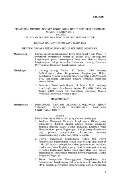 Lampiran I PerMen LH No 16 Tahun 2012 Pedoman Penyusunan Kerangka Acuan ...