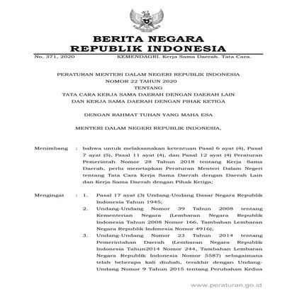 Peraraturan Kementerian Dalam Negeri Nomor 22 Tahun 2020 | PDF