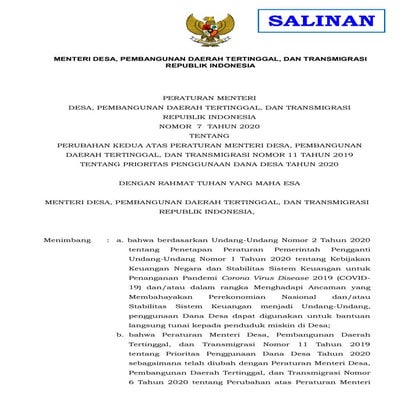 Permen desapdtt no 7 thn 2020 ttg perubahan kedua atas permendesapdtt ...