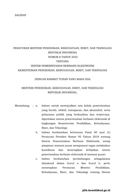 Permendikbudristek Nomor 8 Tahun 2022 Pdf