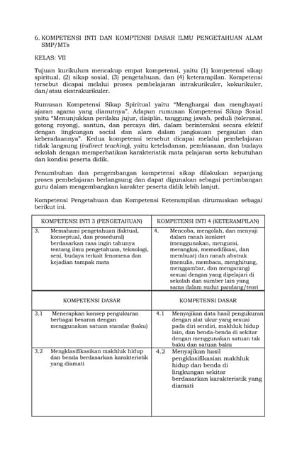 KOMPETENSI INTI DAN KOMPTENSI DASAR ILMU PENGETAHUAN ALAM (IPA) SMP/MTs KELAS VII | PDF