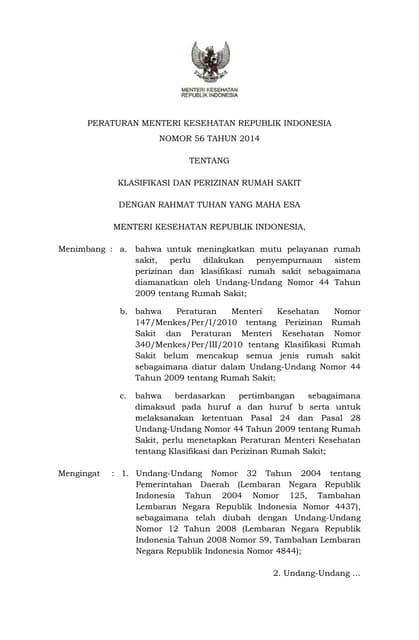 Peraturan menteri kesehatan no. 9 tahun 2014 tentang klinik | PDF