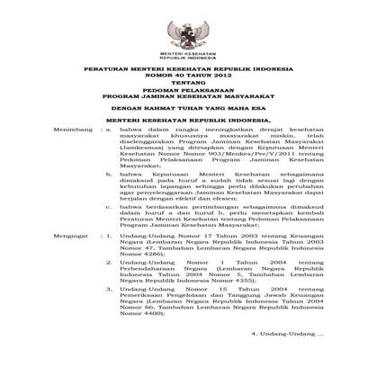 Permenkes No.40 Thn.2012 ttg Pedoman Pelaksanaan Program Jamkesmas | PDF