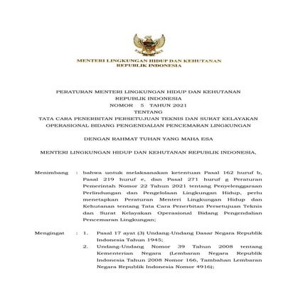 Permen LH No 5 2021 Tentang Tata Cara Penerbitan Pertek dan SLO Air ...