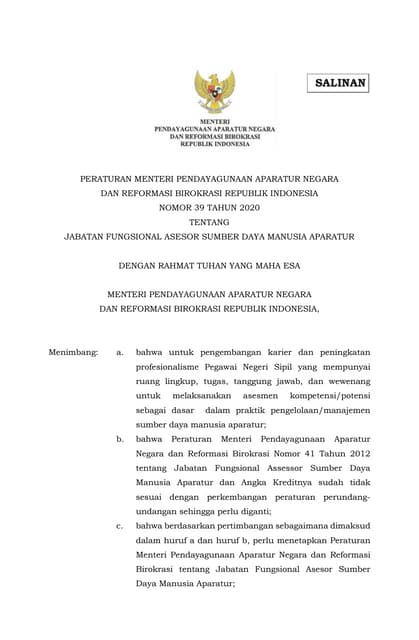 PERATURAN MENTERI PENDAYAGUNAAN APARATUR NEGARA DAN REFORMASI BIROKRASI REPUBLIK INDONESIA NOMOR ...