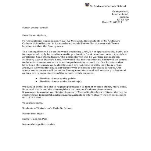 Permission for filming letter | DOCX