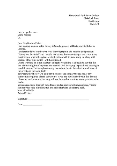 Music video call sheet | DOCX
