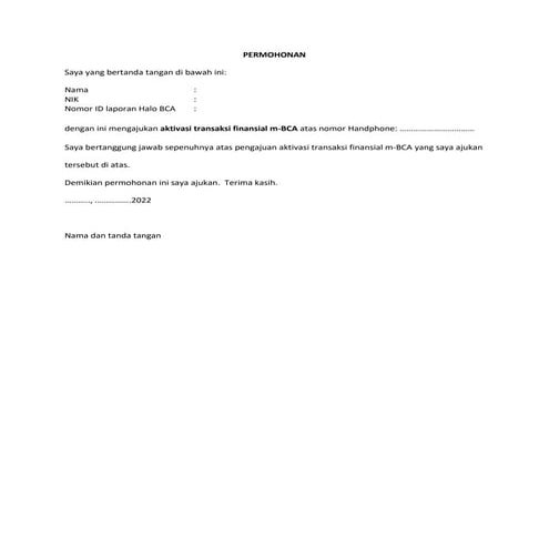 Permohonan aktivasi finansial m bca melalui halo bca 2022 | PDF