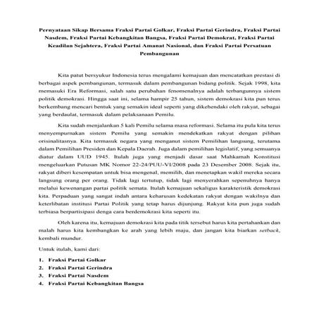 Pernyataan Sikap Bersama Fraksi Partai Parlemen DPR RI | PDF