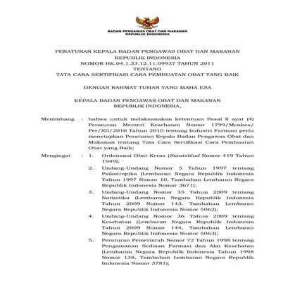 Peraturan Kepala Badan POM tentang sertifikasi CPOB | PDF