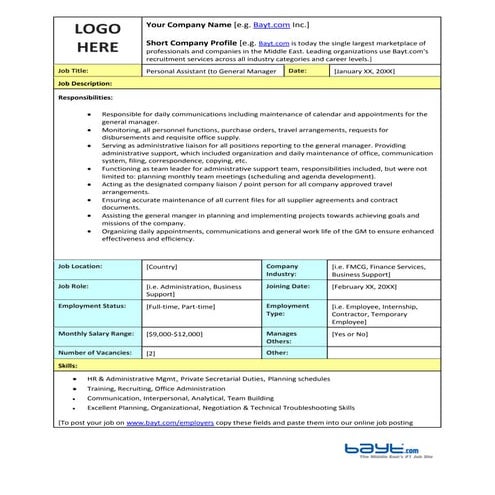 Personal Assistant Job Description Template by Bayt.com