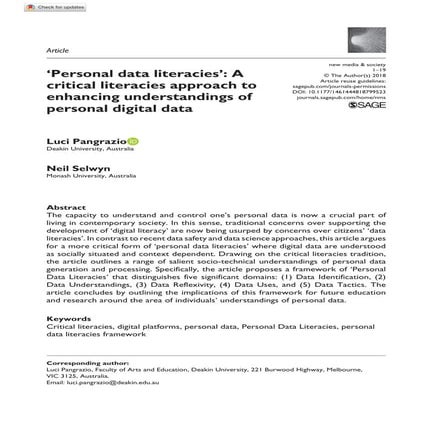 ‘Personal data literacies’: A critical literacies approach to enhancing understandings of ...