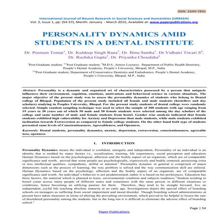 PERSONALITY DYNAMICS AMID STUDENTS IN A DENTAL INSTITUTE | PDF